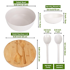 Salad Bowl with Serving Utensils, Large Salad Bowl with Wooden Lid, 9.8inch Bamboo Fiber Salad Mixing Bowl Set with Servers, Fruit Salad Bowl with 4 Small Bowls for Dessert Vegetables Pasta (White)
