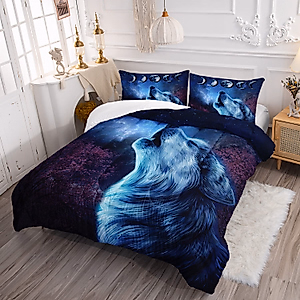 XYNHML Wolf Comforter Set Galaxy Night Moon Bedding Set 3Pcs Howling Wolf Down Lunar Eclipse Bed Set for Kids Teens Room Decor Wild Animals Comforter with 2 Pillowcases