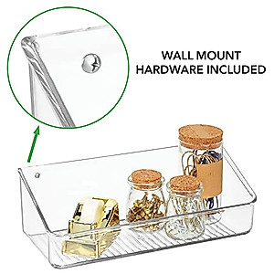 mDesign Wall Mount Storage Organizer Tray Bin - Modern Plastic Wide Hanging Shelf Basket for Walls/Doors in Office - 4 Pack + 32 Adhesive Labels - Clear