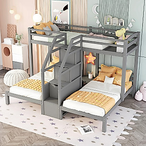 Bellemave Twin Over Twin Bunk Bed for 3, Wood Triple Bunk Beds with Stairs, 3 Bunk Beds with Storage for 3 Kids, Boys, Girls, Teens, Adults No Box Spring Needed (Gray)