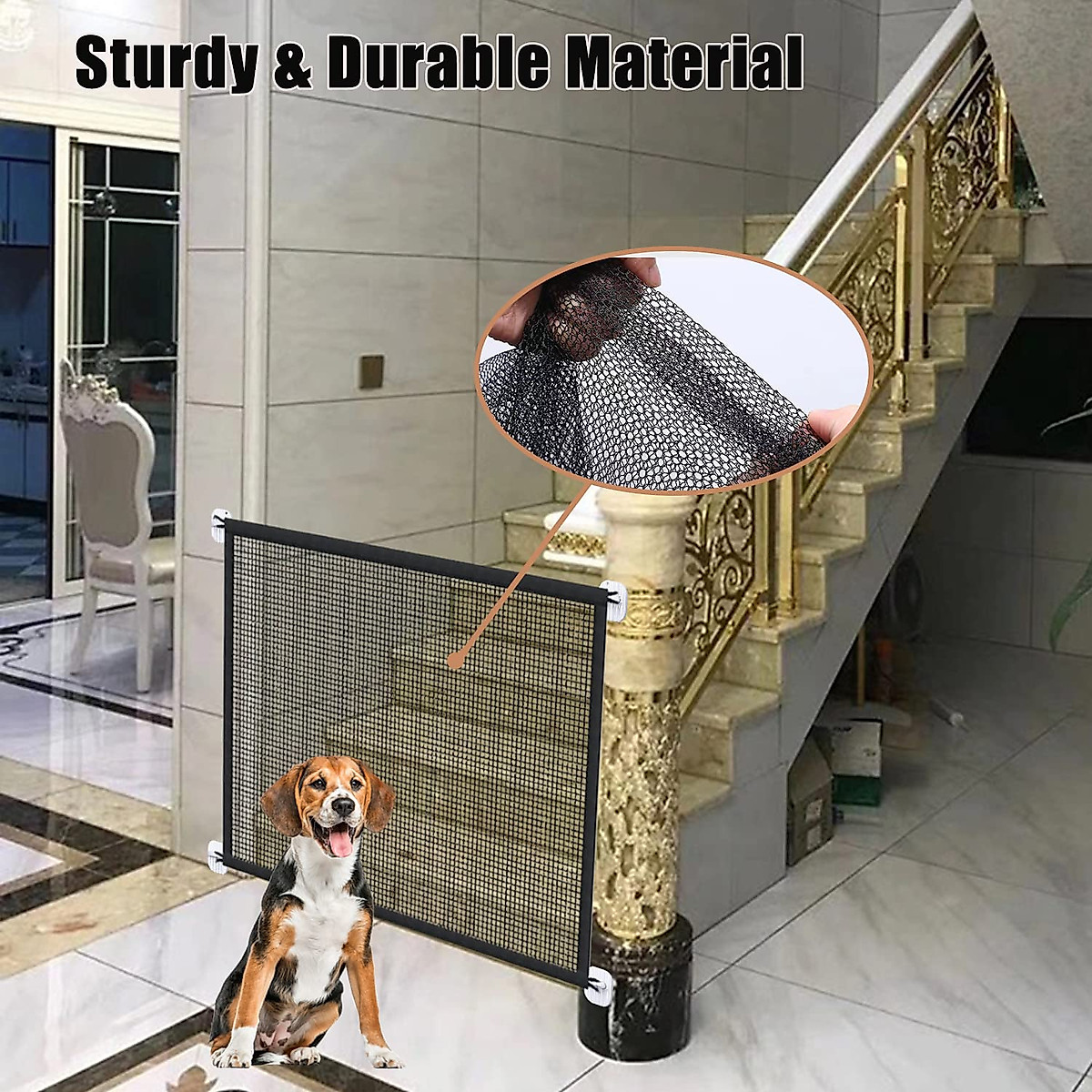 Mesh Gates for Kids or Pets, Magic Pet Gate for The House, Portable Baby Puppy Safety Fence Guard for Stairs and Doorways, Easy Install Anywhere, 43" W x 30" H, 8 Hooks