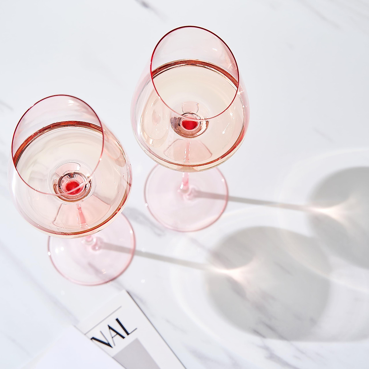 Khen Pink Wine Glasses Gift | Set of 2 | Blush Colored 18oz Slanted Glassware, Tall Stemmed Glass, Water, Gifts Wife, Girlfriend, Women, Birthday, Wedding, Anniversary, Mother's Day