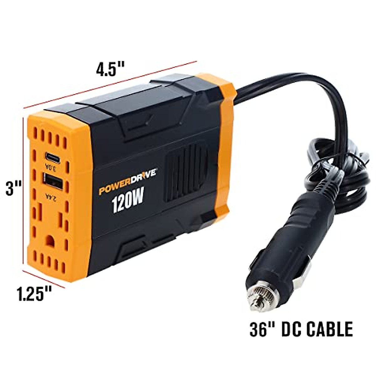 PowerDrive PWD120 120 Watt Power Inverter Slim 12v DC to 110v AC with Outlet and 2 USB Ports