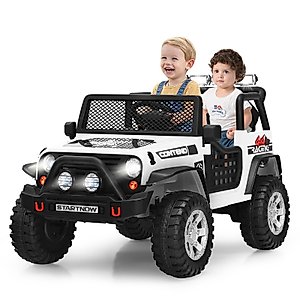 Costzon 2-Seater Ride on Truck, 12V Battery Powered Electric Vehicle w/Remote Control, 2 Speeds, Spring Suspension, LED Light, Horn, Music/ MP3, 2 Doors Open, Ride on Car for Kids (White)