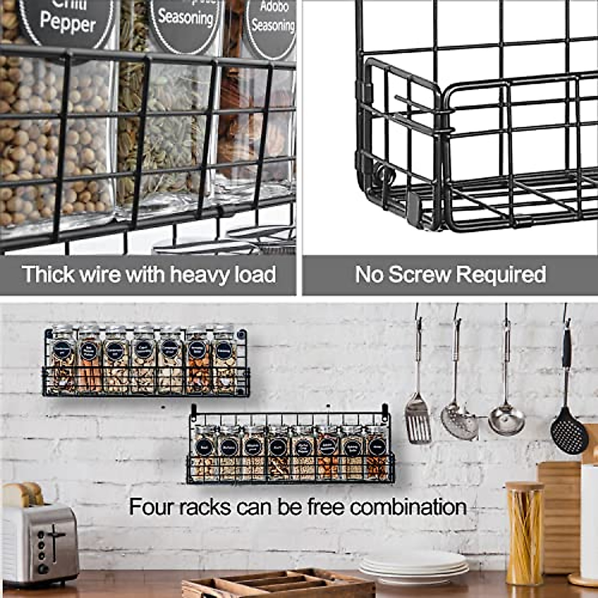 Spice Rack Organizer Wall Mounted 4-Tier Stackable Hanging Spice Jars Storage Racks,Great for Kitchen and Pantry,Up to Storage 36 Jars(Patent No.:US D909,138 S)