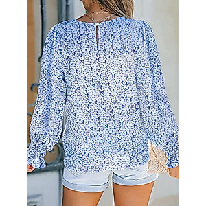 Dokotoo Cute Tops for Women Floral Print Round Neck Smocked Long Sleeve Blouses Stylish Summer Shirts Babydoll Chiffon Clothing for Women Blue M