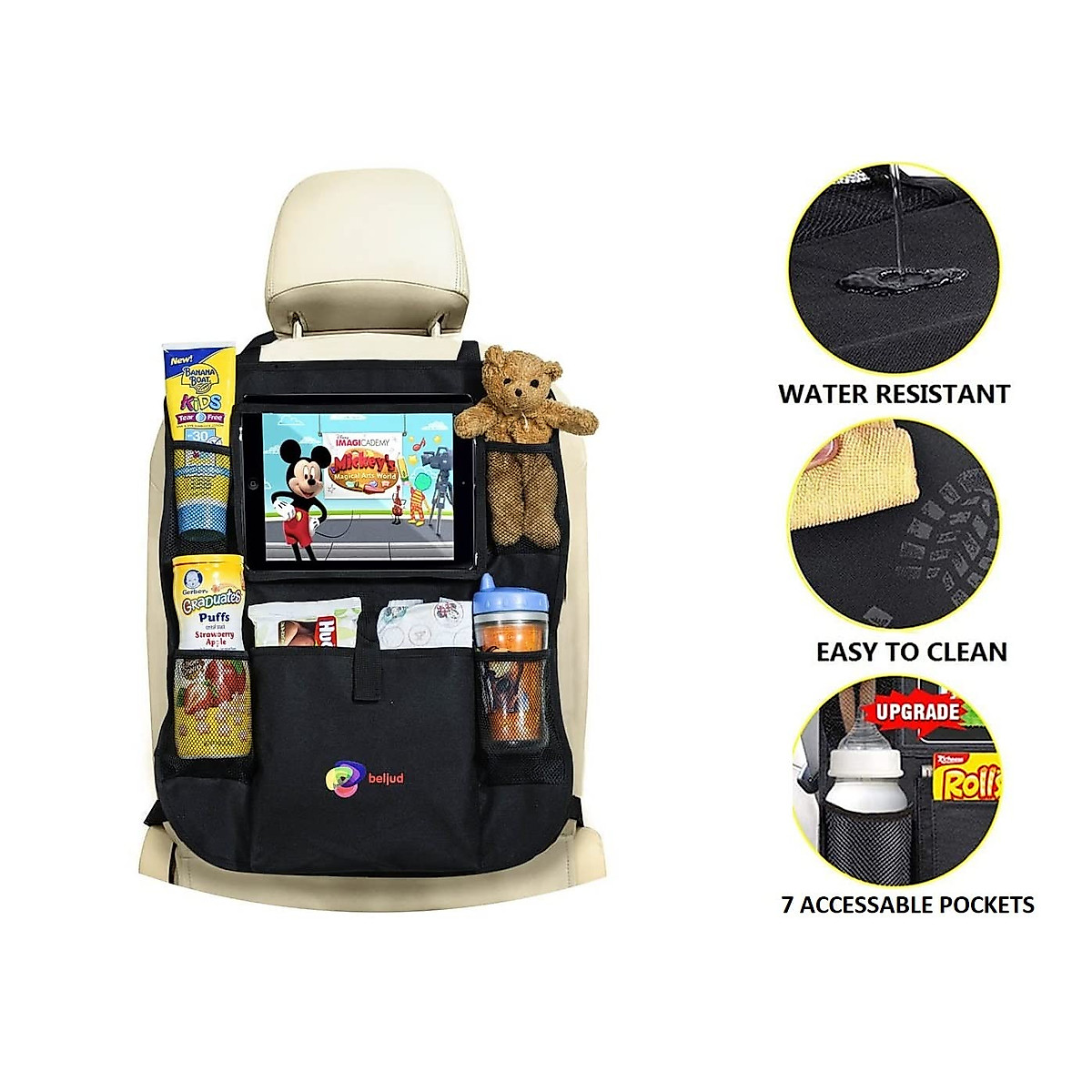 Durable Backseat Car Organizer- Kick Mats Back Seat Protector- Heavy Duty Car Organizer for Kids with Touchable Tablet Holder and Extra Storage Pockets, Car Travel Accessories, Perfect for Travel, Car