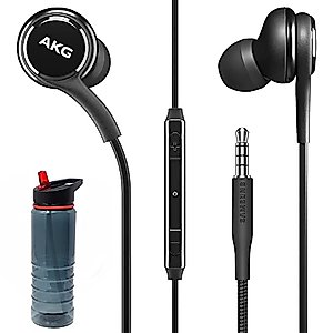 SAMSUNG AKG Wired Earbuds Original 3.5mm in-Ear Earbud Headphones with Remote & Microphone for Music, Phone Calls, Work - Noise Isolating Deep Bass, Includes Sports Water Bottle - Black