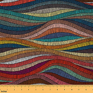 Boho Fabric by The Yard Bohemian Wavy Upholstery Fabric Rainbow Embroidered Waves Print Decorative Fabric Geometric Tribal Ethnic Colorful Abstract Lightweight Indoor Outdoor Fabric, 1 Yard