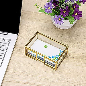 Hipiwe Glass Business Card Holder Box with Lid - Desktop Name Card Display Box Organizer Gold Metal Business Card Container Box for Office Countertop