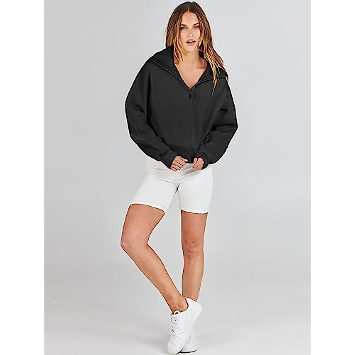 Prinbara Hoodie for Women Pullover Long Sleeve Sweatshirt Button down V Neck Teen Girls Fall Trendy Y2k Clothes Oversized Sweater 2023 1PA139-heise-M Black