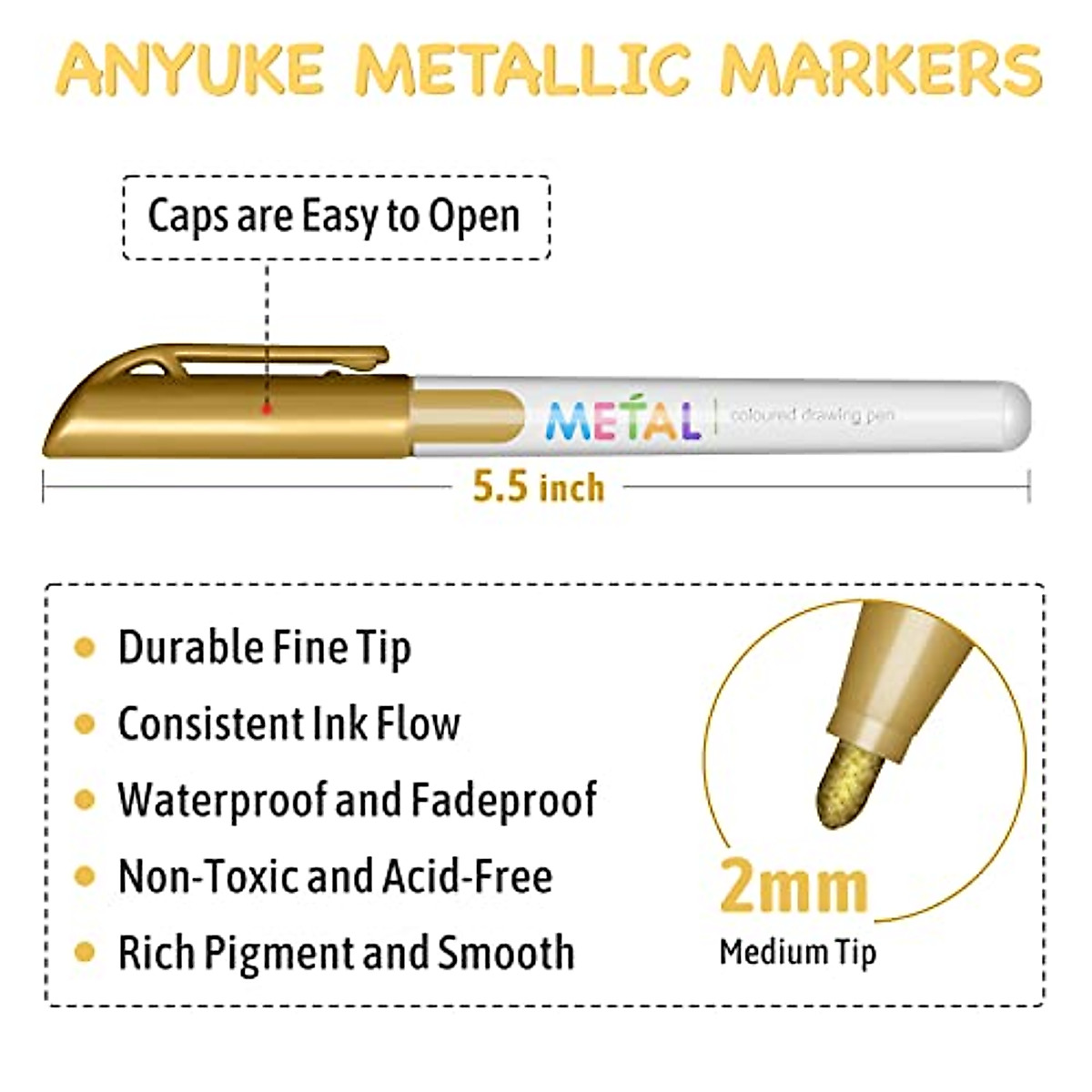 Metallic Markers Permanent Paint Pens: 12 Pack 2MM Medium Tip Metallic Pens for Black Paper, Rock, Pumpkin Painting, Scrapbooking, Egg, Mug, Glass, Fabric, Wood, Photo Album, Drawing & Art Supplies