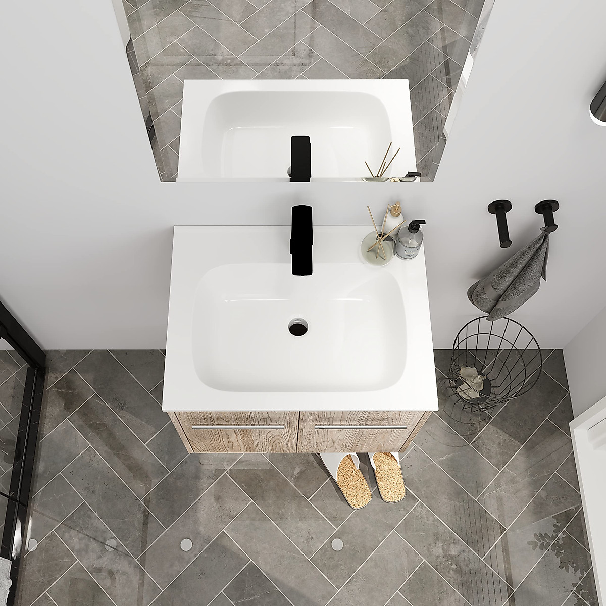 KFHSE 24 Inch Modern Set,Wall Mounted Bathroom Vanity Sink Combo with Top Basin & Soft Closing Door,Storage Wood Hanging Bath Cabinet for Small Space,White Oak