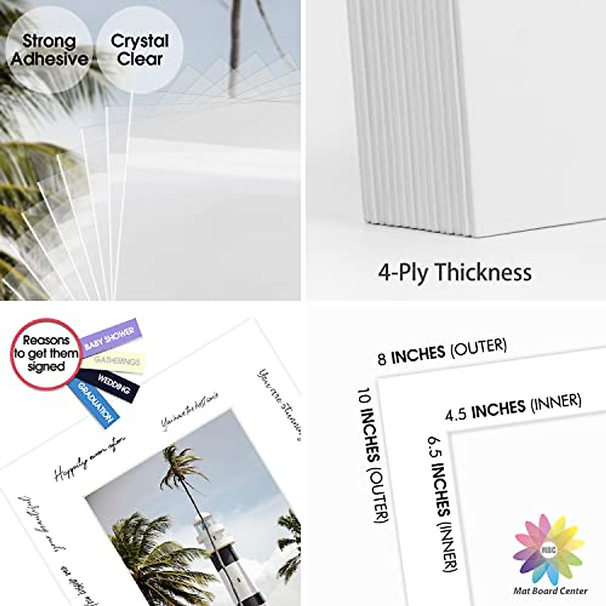 MBC Mat Board Center, Set of 12 8x10 White Picture Mats for 5x7 Photos - Includes Pre-Cut White Picture Mats, Backing Boards and Clear Bags - 1/16" Thick, White Color
