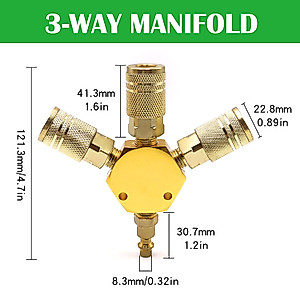 Tnuocke Air Splitter 3-Way Manifold Hex Style with 3 Pieces Brass Industrial Coupler and 1/4" Plug,Air Compressor Hose Accessories Quick Connect Fittings H-047