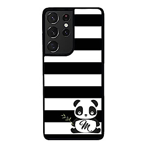 Panda Bear Personalized Initial Black Rubber Phone Case Compatible With Samsung Galaxy S23 S23+ Ultra S22 S22+ S21 S21FE S21+ S20FE S20+ S20 Note 20 S10 S10+ S10e