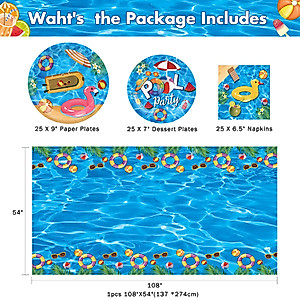 Pool Birthdy Party Tableware set,Beach Theme Party Supplies,Paper Plates,Napkins,Tablecloth for Kids Birthday, Pool,Beach,Summer Party,76 PCS,Serves 25