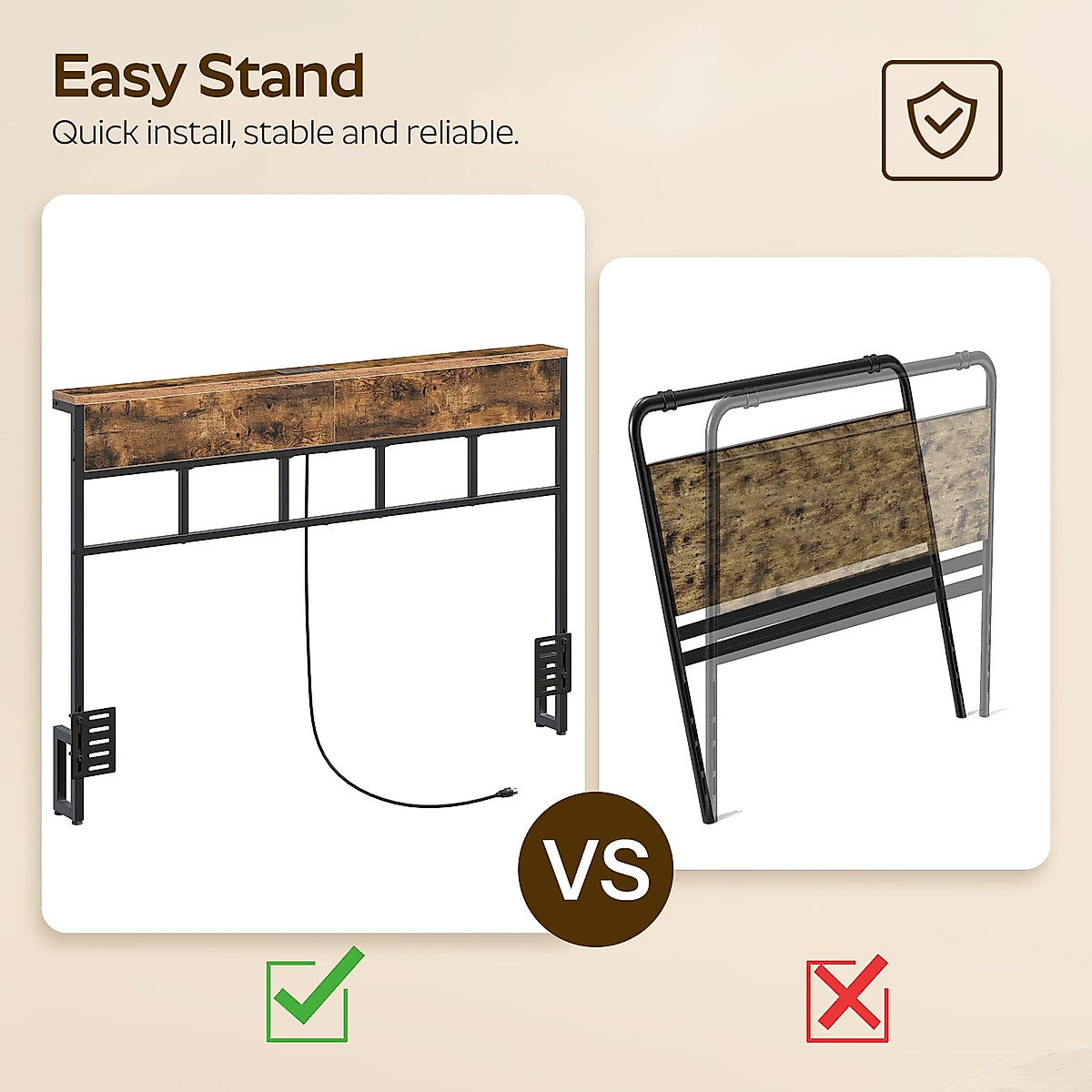 YATINEY Queen Size Headboard Only, Headboard for Queen Size Bed with Storage, Industrial Wooden Headboard with Outlet, USB and Type C Port, Adjustable Height, Sturdy and Stable, Rustic Brown and Black