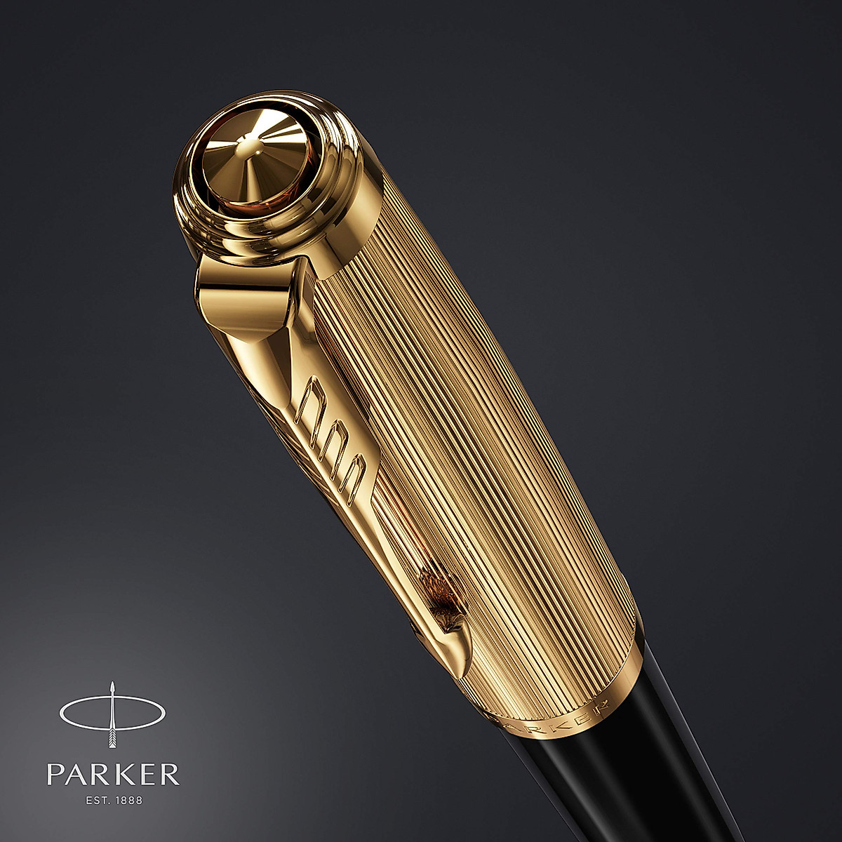 PARKER 51 Deluxe Fountain Pen | Black Barrel and Gold Attributes | Medium Nib in 18 Carat Gold | Black Ink Cartridge | Delivered in Gift Box
