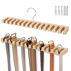ZEDODIER Belt Hanger for Closet, Sturdy Wood Belt Rack for Men and Women, 14 Storage Capacity, Space Saving Hanging Belt Holder for Closet Organizers and Storage, Natural