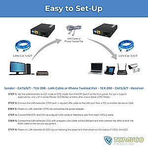 Ethernet Extender Kit Tupavco TEX-200 - Cable Extension up to 5000ft Over Phone Line or CAT5/6 Twisted Copper Wire (300Mbps Max Bandwidth) Single Cord LAN up to Mile Distance (Plug & Play 8 Profiles)