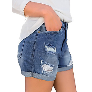 LookbookStore Jean Shorts for Women Summer Ripped Denim Shorts Women Stretchy Jean Shorts 2024 Women High Waist Ripped Folded Hem Distressed Denim Jean Shorts Pants Navy Peony Size L Size 12 Size 14