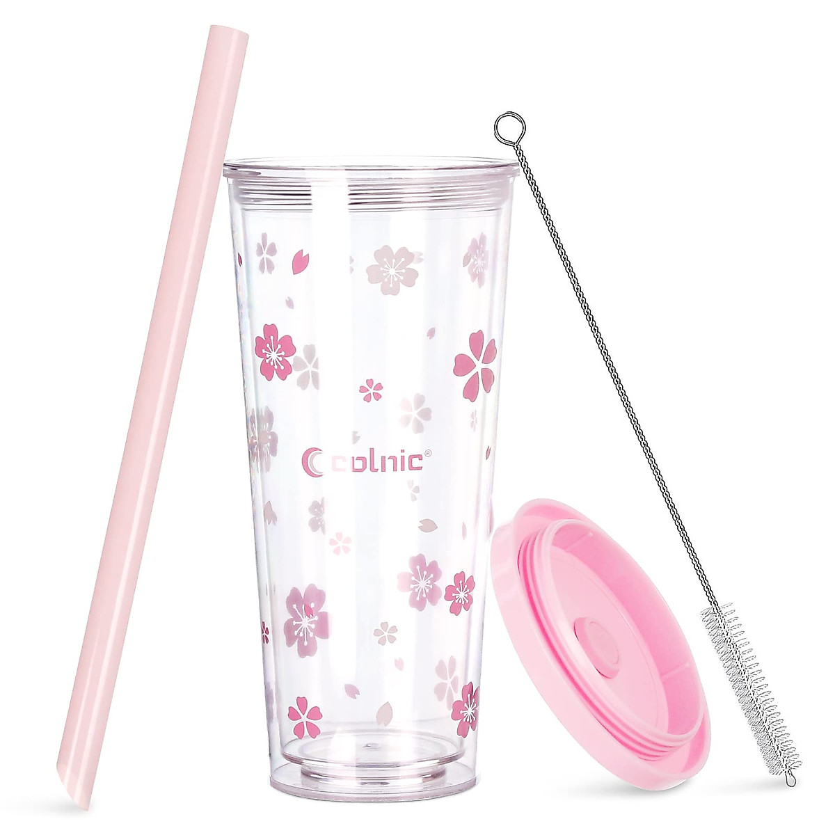 Colnic Reusable Boba Cup With Lids And Straws, 24Oz/700ml Smoothie /Iced Coffee Cup, Leakproof Kawaii Cup Tumbler With Boba Reusable Straw,Double Wall Clear Insulated Bubble Tea Cup