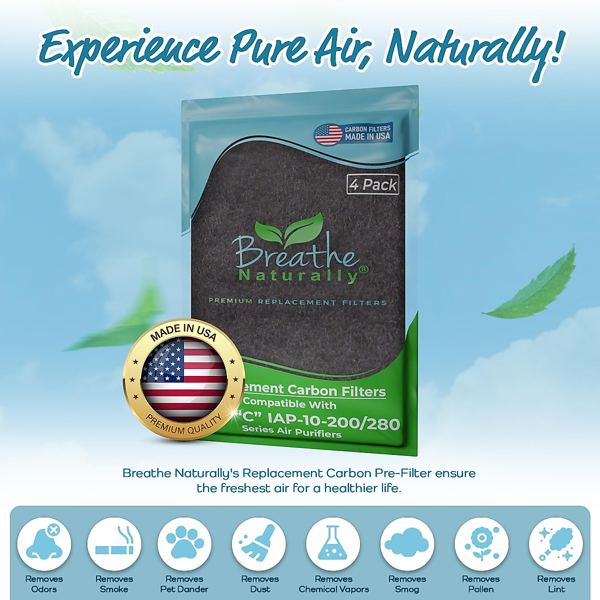 Breathe Naturally - Extra Thick Replacement Carbon Pre-Filters Compatible with Idylis "C" IAP-10-200 Series - Premium Air Purification - Ideal for Home & Office Use - (4 pack, Carbon Filters)