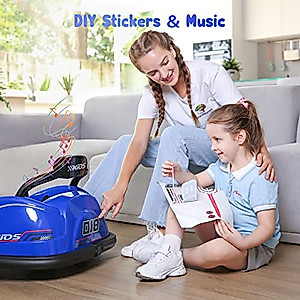 ELEMARA Bumper Car for Toddlers, 12V Electric Ride On Car Baby Bumper Car with 2 Driving Modes, Remote Control, Safety Belt,LED Lights and DIY Stickers , Kids, Large, Blue