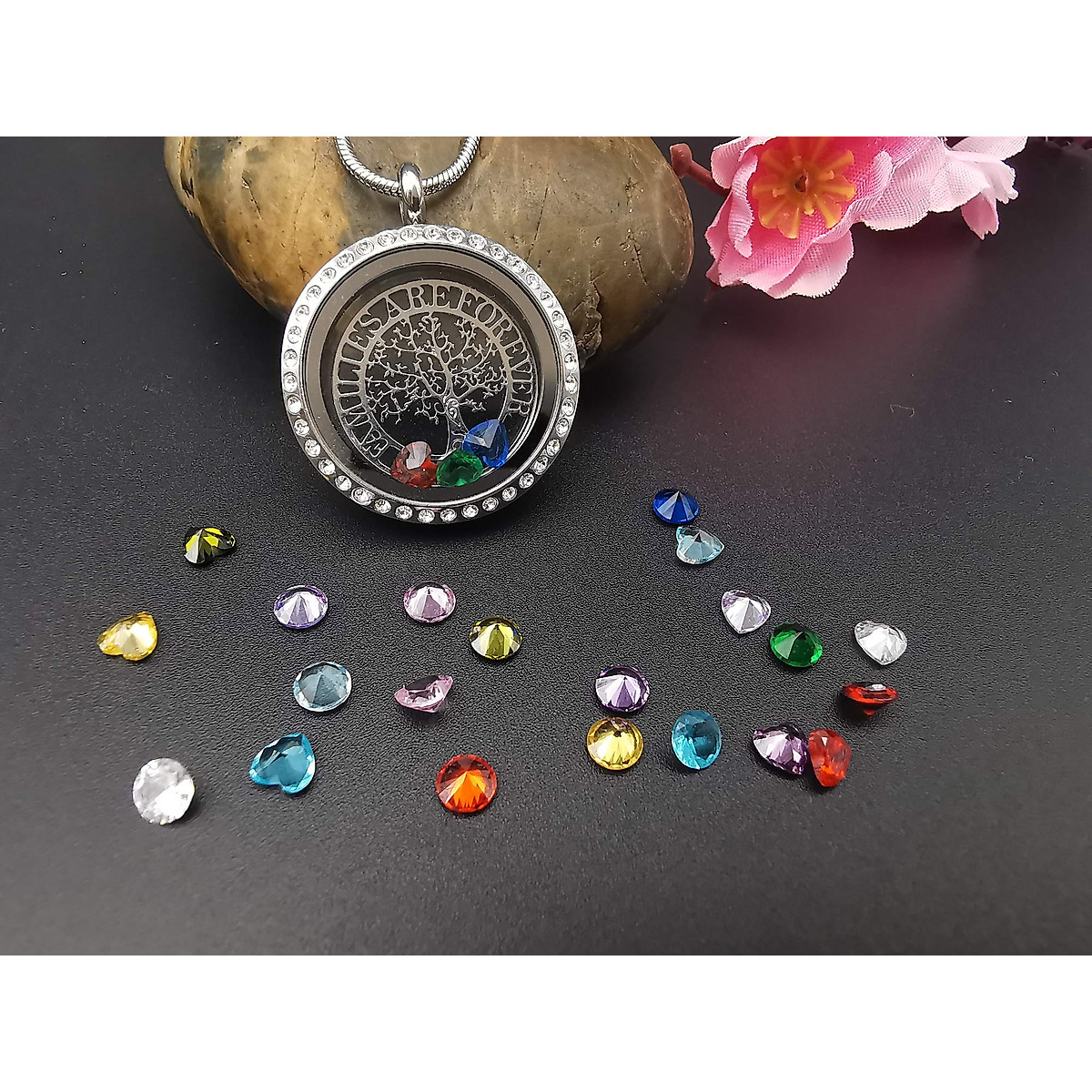 GOKING Famliy Tree of Life Necklace, Familes Are Forever Diy Family Charms Memory Floating Locket Pendant with 24 Birthstones for Mom Mother Mummy Grandma Nana Aunt Niece Women
