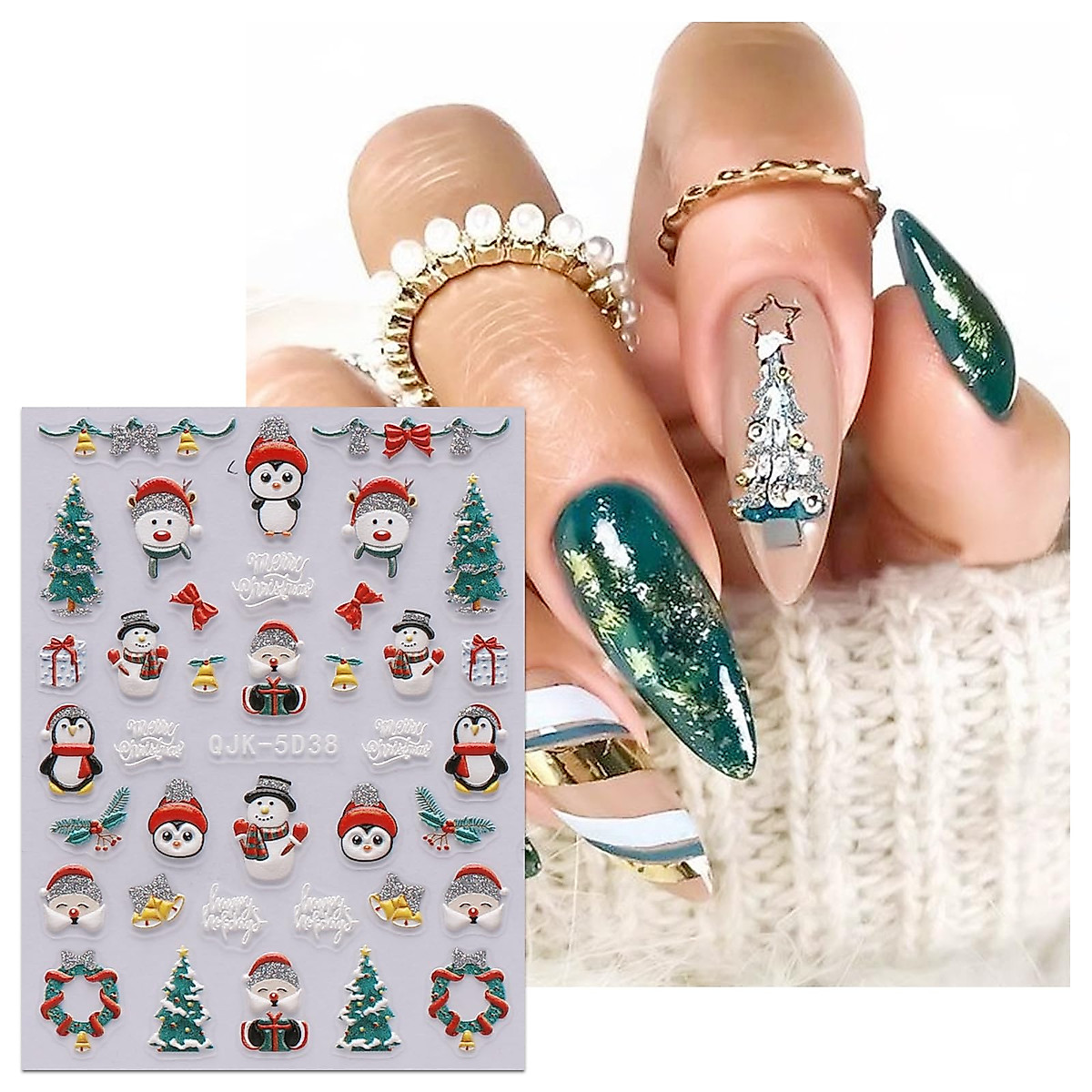 JMEOWIO 6 Sheets 3D Embossed Christmas Glitter Nail Art Stickers Decals Self-Adhesive Pegatinas Uñas 5D Snowman Elk Snowflake Xmas Winter Holiday Nail Supplies Nail Art Design Decoration Accessories