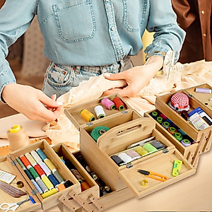 Adolfo Design Wooden Sewing Box Organizer for Sewing Supplies,Sewing Crafting Hobby Storage Box, 3 Tier Drawers for Craft Tools, Needles Assorted