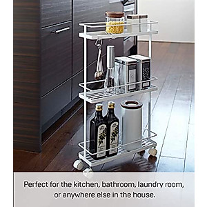 Yamazaki Home Rolling Kitchen Island Three Tier Metal Storage Cart - Portable Organizer Shelves Utility Cart Steel One Size White