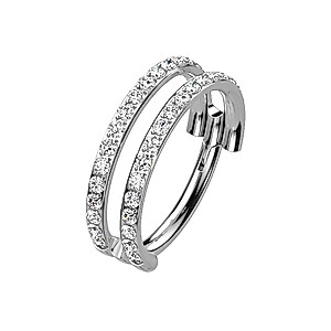 Pierced Owl 16GA G23 Implant Grade Titanium CZ Crystal Paved Double Hoops Hinged Segment Ring (Silver Tone)