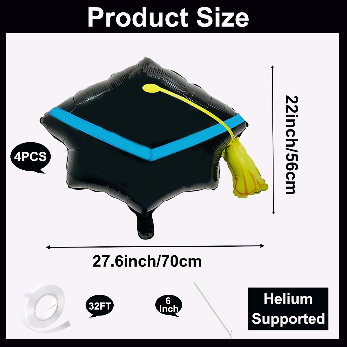4 Pieces 22 Inches Black Graduation Cap Balloons, Large Academic Cap Shaped Mylar Foil Balloons with Tassel Design, Grad Hat for Class of 2024 Graduation Ceremony or Party Decorations
