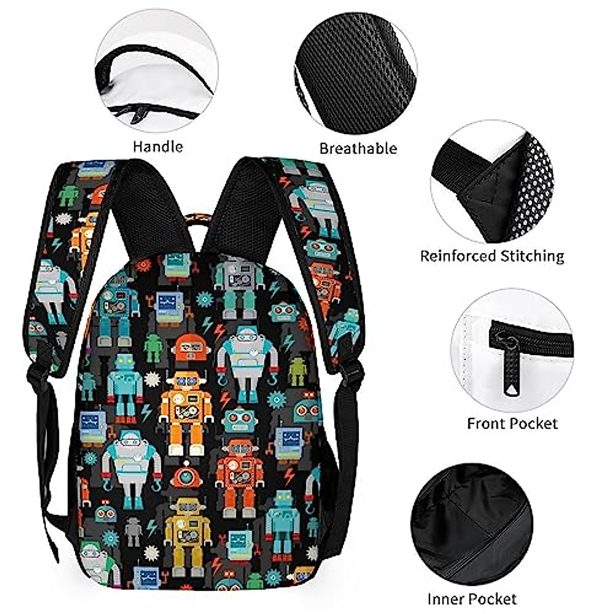oallpu 3PCS Cartoon Robots Backpack, Cool Shoulders Backpack Lightweight Durable Vintage Robots Laptop Bag, 17 Inch Daypack with Multiple Pockets(Vintage Robots)