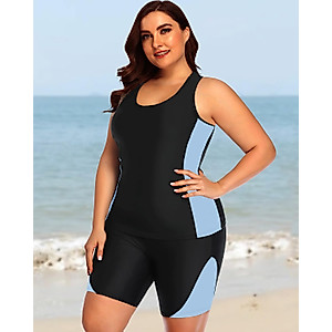 Daci Women's Plus Size Tankini Swimsuit - Two Piece Rash Guard with Capris Shorts and Athletic Racerback Bathing Suit Light Blue 22 Plus