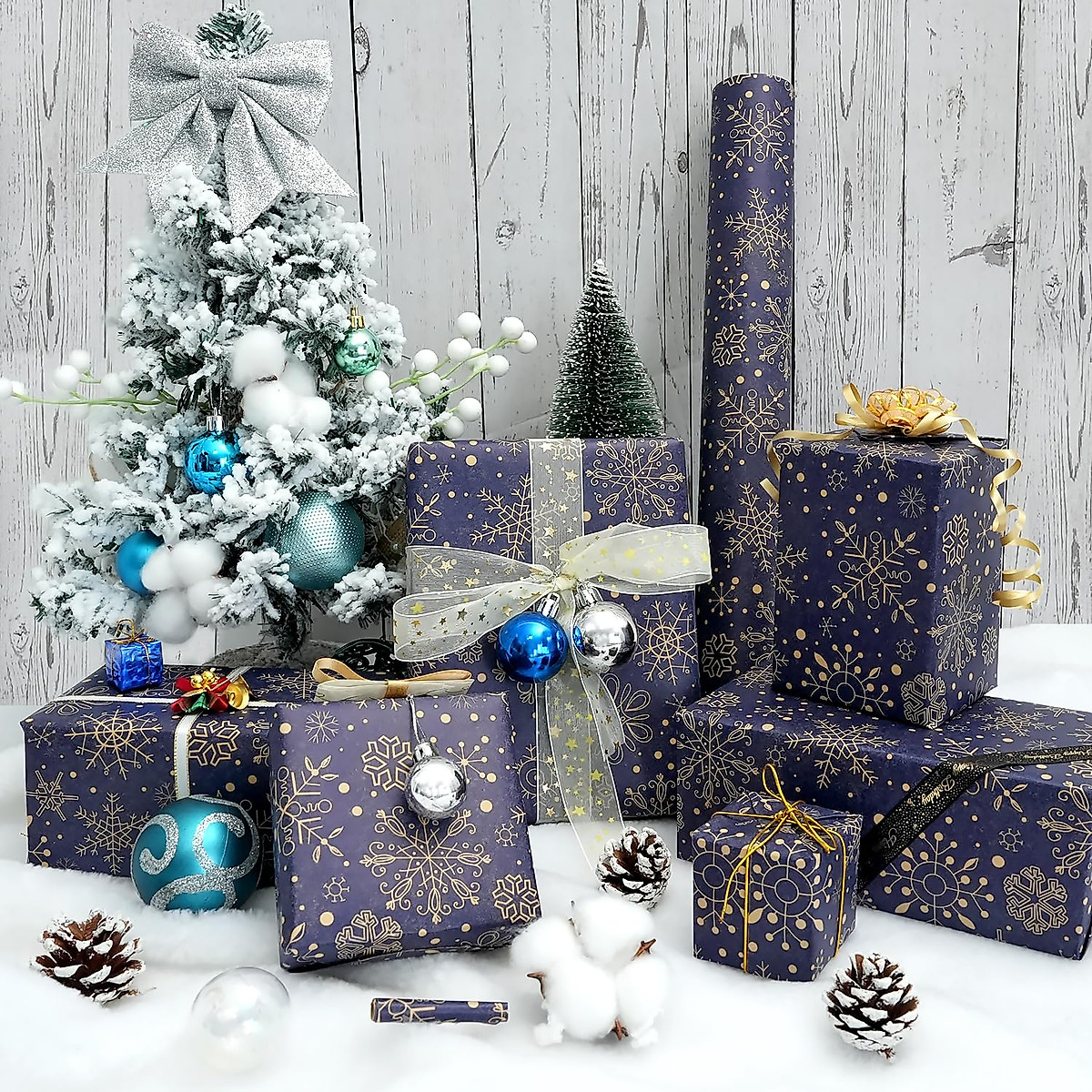 MAMUNU Christmas Wrapping Paper Roll, Navy Blue and Brown Kraft Gift Wrapping Paper Jumbo Roll, Snowflake Recycle Christmas Wrapping Paper for Gift Wrapping Arts Crafts Decorations, 17x590 Inch.