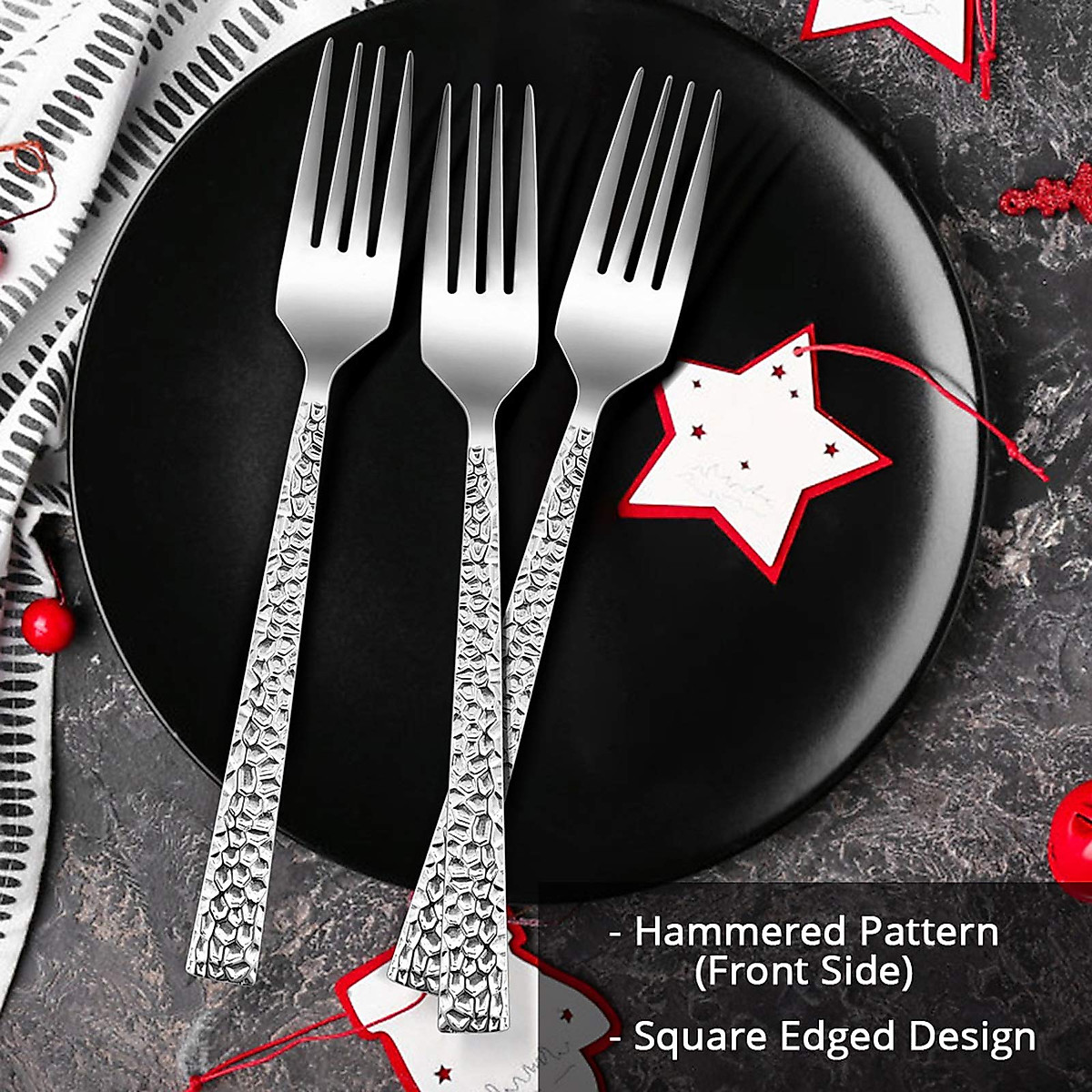 E-far 12-Piece Hammered Dinner Forks Set, 7.9 Inch Stainless Steel Forks for Home, Kitchen or Restaurant, Non-toxic & Mirror Polished, Squared Edge & Dishwasher Safe