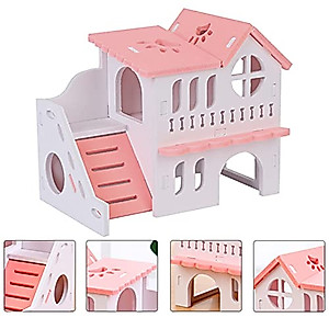 UKCOCO Wooden Hamster House, Small Animal Hideout Castle Double Deck Villa with Climbing Ladder Slide for Hamsters, Mice, Gerbils
