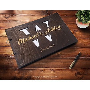 Just Customized Personalized Handmade Mr Mrs Wedding Guest Book for Bride and Groom Wood Alternative Custom Engraved Newlywed Marriage Album (Chocolate Walnut)
