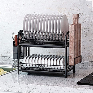 Plate Rack Dish Drainer Rack 2-Layer Chrome Kitchen Drainer Organizer with Utensil Holder/Drain Board/Cutting Board Bracket 2-Layers Pan Plate Holder (Color : Black, Size : 56x23x35cm)