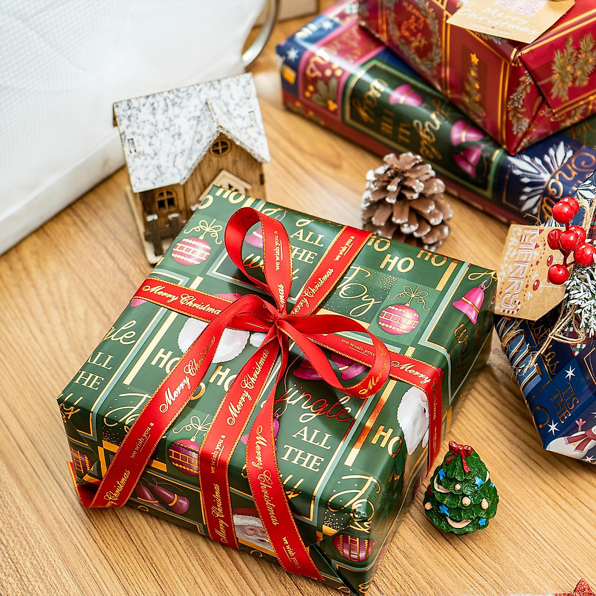 RUSPEPA Christmas Wrapping Paper - Santa Claus, Snowman, Christmas Tree and Bell Design - 4 Rolls - 30 Inches x 10 Feet Per Roll