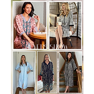 Ekouaer Women Zipper Robe 3/4 Sleeve Nightgowns Lightweight Short Bathrobe with Pockets Leaf Print,L