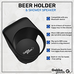 Gabba Goods Shower Bluetooth Speaker with Beer/Soda Can Holder - Built-in Microphone Handsfree - Waterproof, IPX7, 4 Hours of Playtime, Suction Cup for Showers