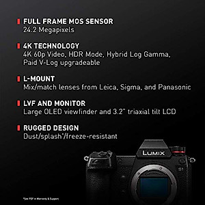 Panasonic LUMIX S1 Full Frame Mirrorless Camera with 24.2MP MOS High Resolution Sensor, L-Mount Lens Compatible, 4K HDR Video and 3.2? LCD - DC-S1BODY (Renewed)