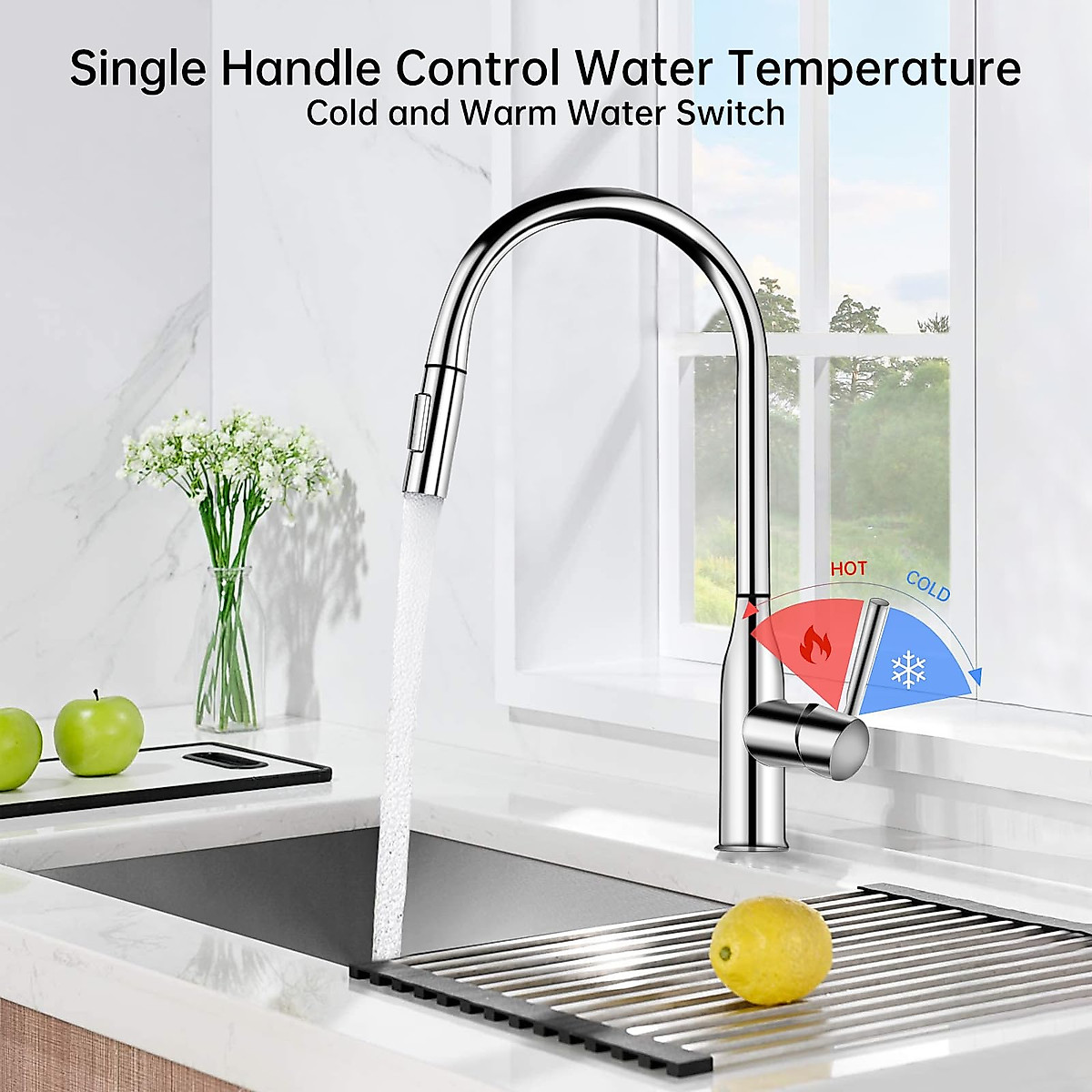 KUKKUME Kitchen Faucets with Pull Down Sprayer, Single Handle Kitchen Sink Faucet Modern Staninless Steel Kitchen Faucet Chrome