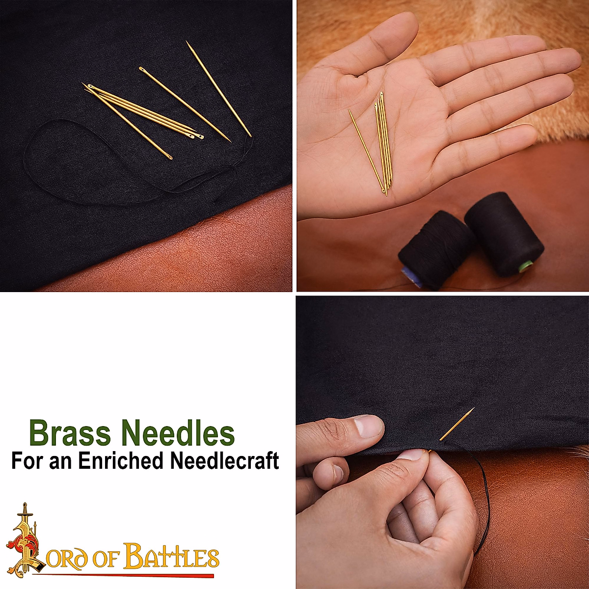 Lord of Battles Medieval Needle Viking Embroidery Needle Handmade Knitting Needles Binding Tool, Multipurpose Weaving/Knitting/Stitching Needles for Craft Work (Set of 6, Brass Needles - 2.3")