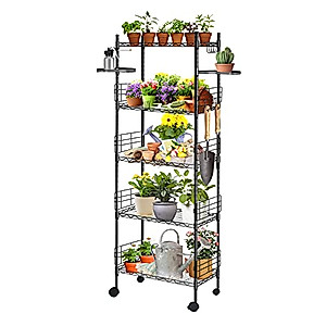 Hestiasko 5 Tier Storage Shelf with 2 Rotatable Shelves, Adjustable Storage Rack with 5 Hooks, Metal Shelf Rack, Standing Shelving Units for Bathroom, Kitchen, Garage[59.1"H x 21.7"W x 11.8"D]-Black