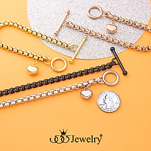 555Jewelry 5mm Stainless Steel Puffed Heart Charm Box Chain Bracelets for Women, T Toggle Clasp ‎Bracelets for Women, Heart Bracelets for Girls, Womens Heart Bracelets, 7 Inch, Rose Gold